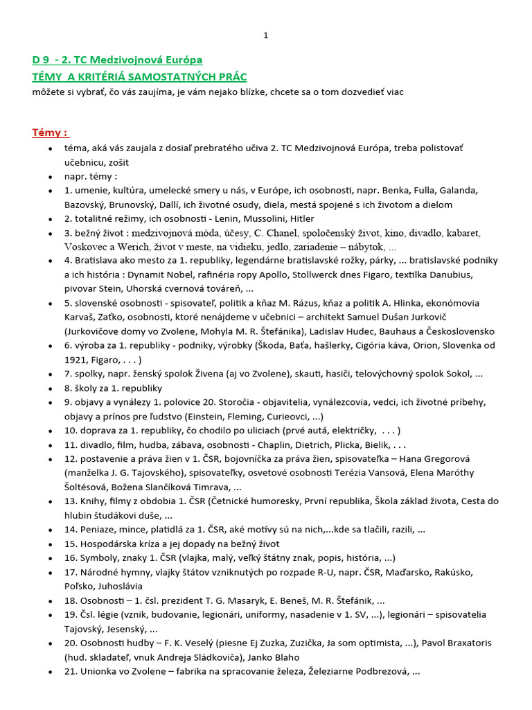 D 9 - Témy, Kritériá Samost. Prác - 2. TC Medzivojnová Európa | PDF