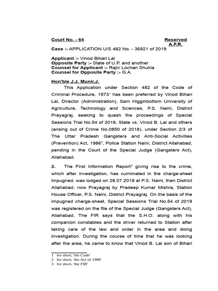 Vinod Bihari Lal Vs State of Up and Another Application Us 482 No 36921 ...