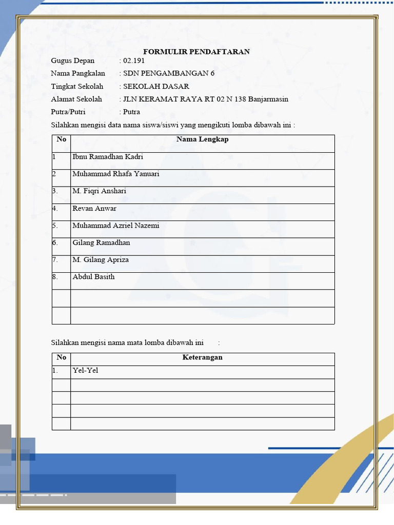 Formulir Pendaftaran Galionsea SDN PENGAMBANGAN 6 | PDF