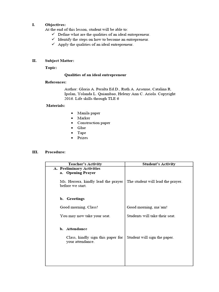 Traditional Detailed Lesson Plan 1 | PDF | Entrepreneurship