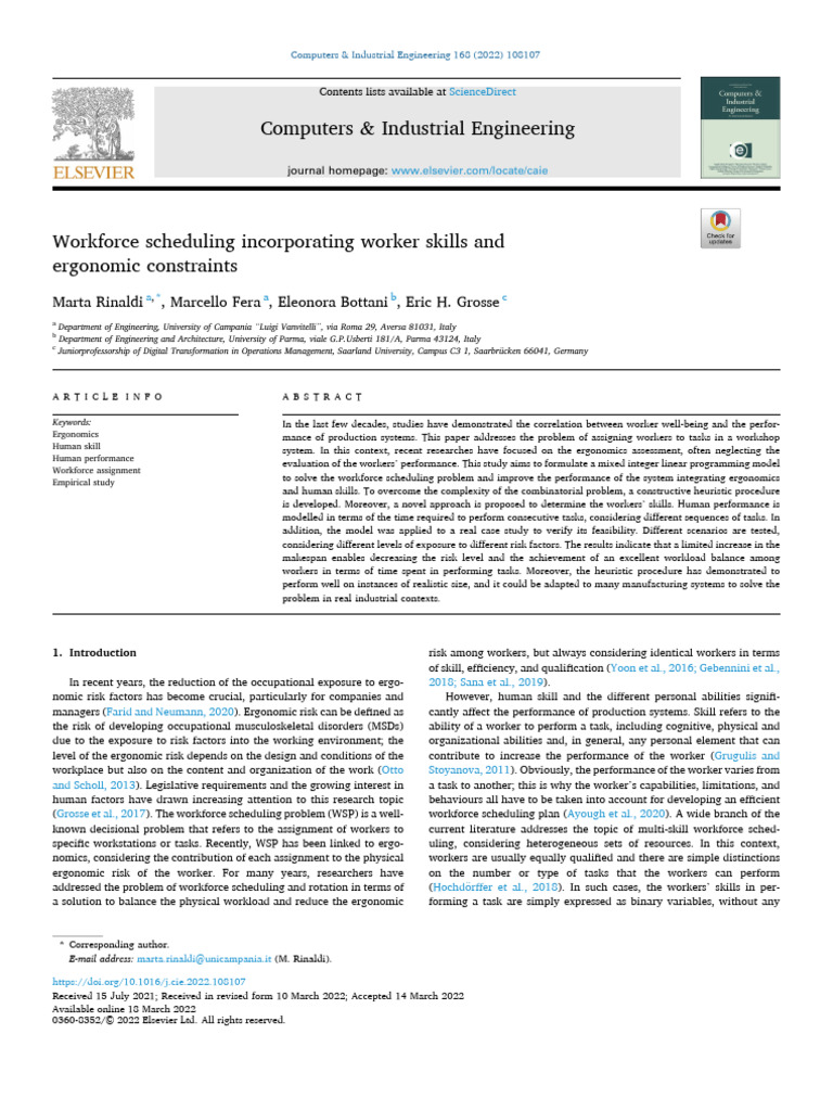 Workforce Scheduling Incorporating Worker Skills and Ergonomic Constraints | PDF