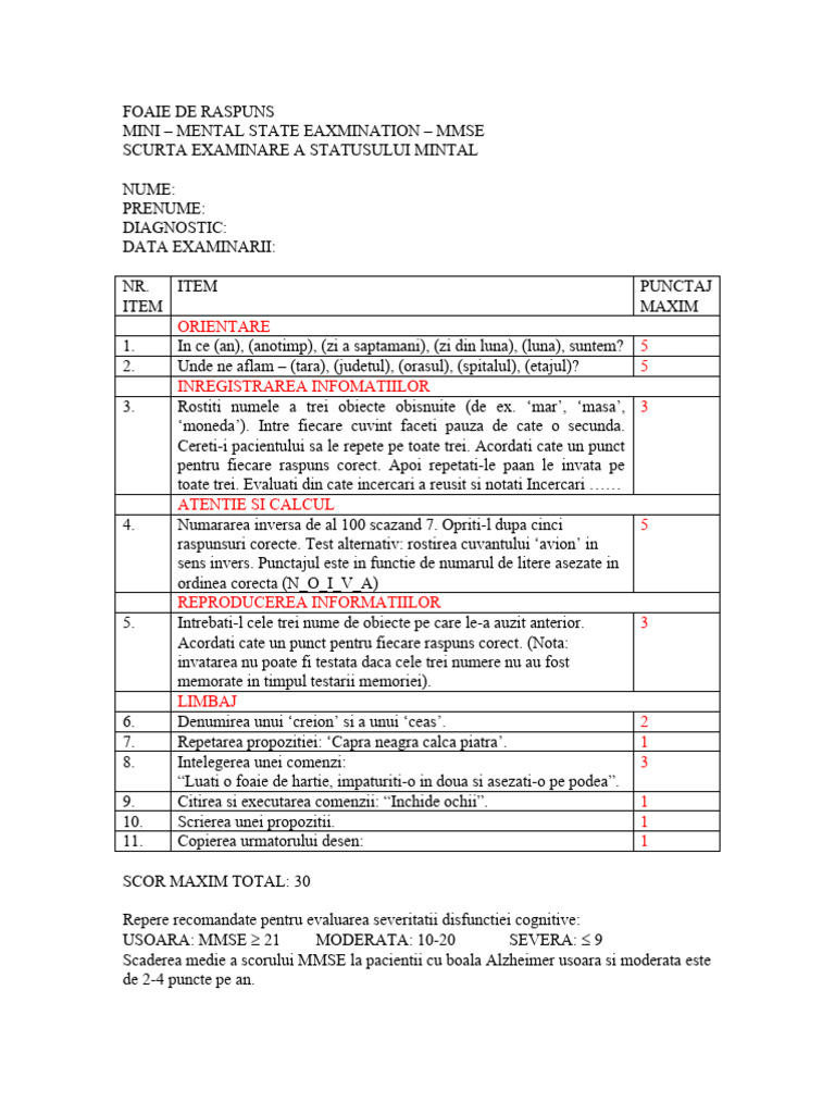 Foaie de Raspuns - Mmse | PDF