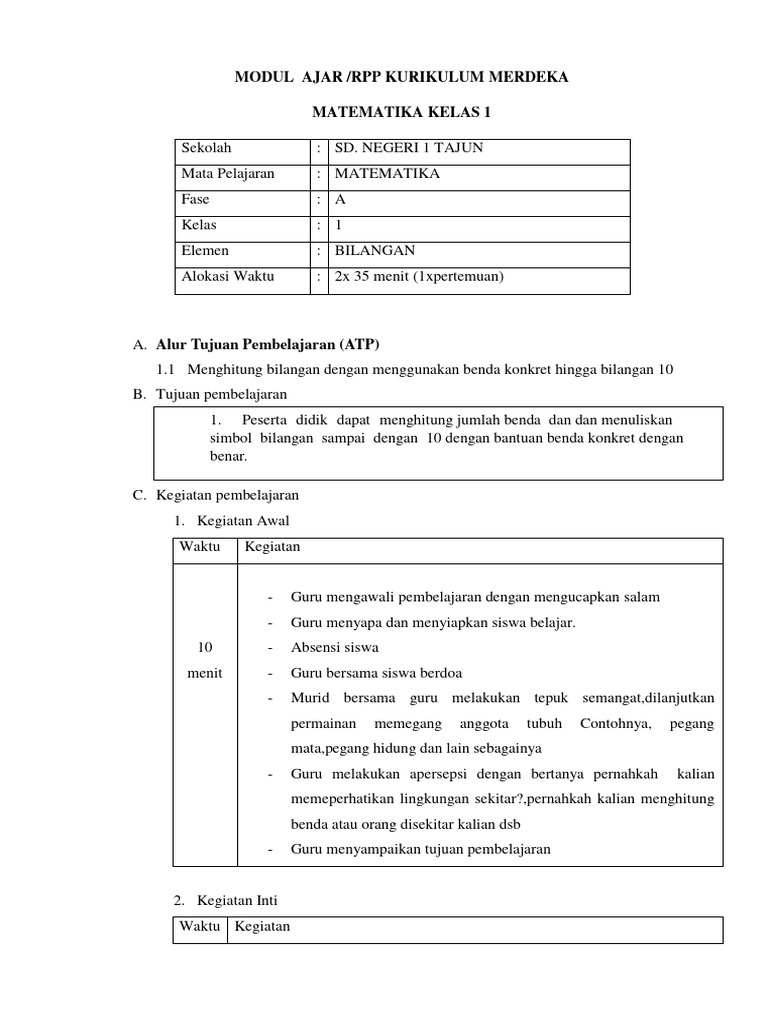 RPP Matematika Kelas 1 Kurikulum Merdeka | PDF