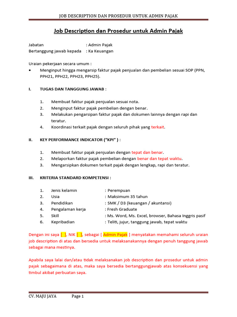 Job Description Admin Pajak | PDF