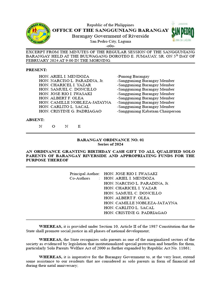Barangay Ordinance No. 2024-01 | PDF | Justice | Crime & Violence