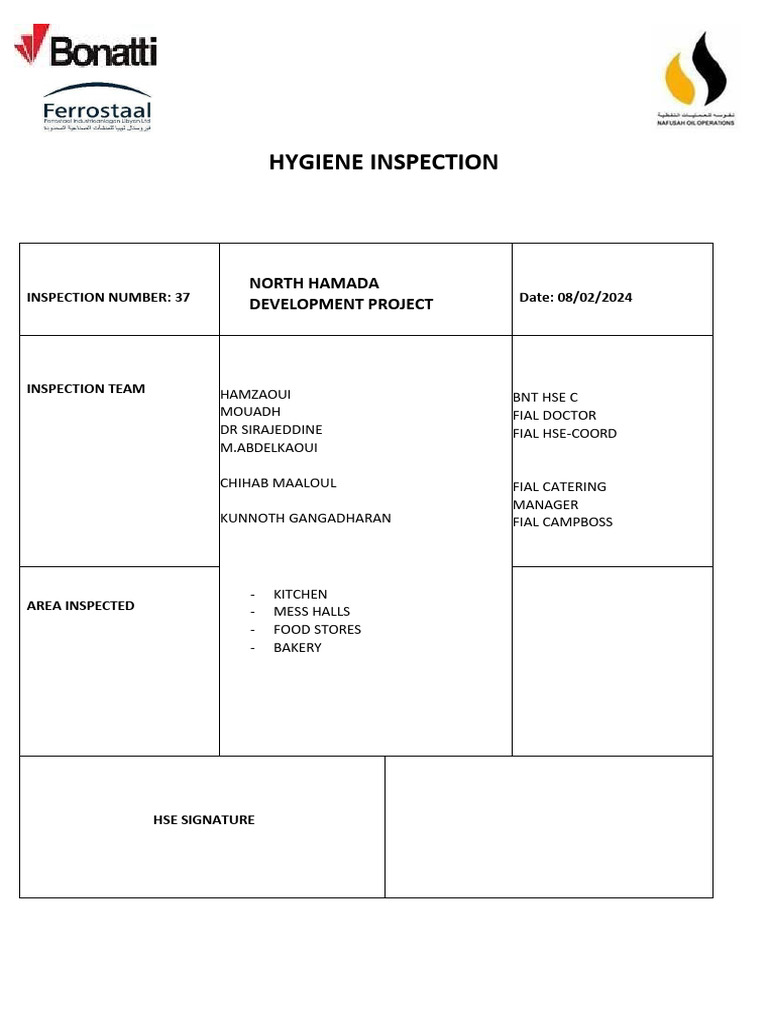 Hygiene Inspection 08.02.2024 | PDF | Kitchen | Manufactured Goods