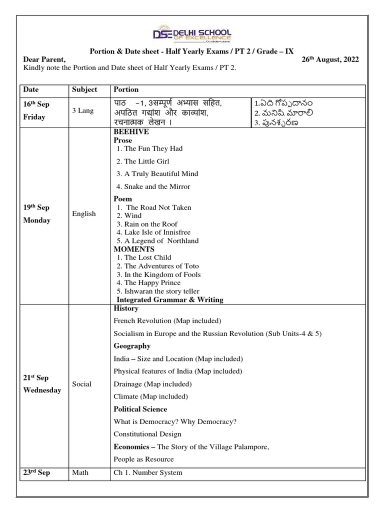 PT 2 - Portion & Date Sheet - Grade IX | PDF | Science