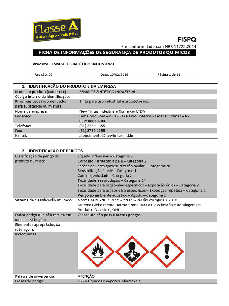 FDS - Esmalte Sintético Industrial | PDF | Ciências Físicas | Química