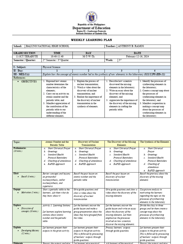 Weekly Learning Plan - PS (Week 2) | PDF | Chemical Elements | Learning