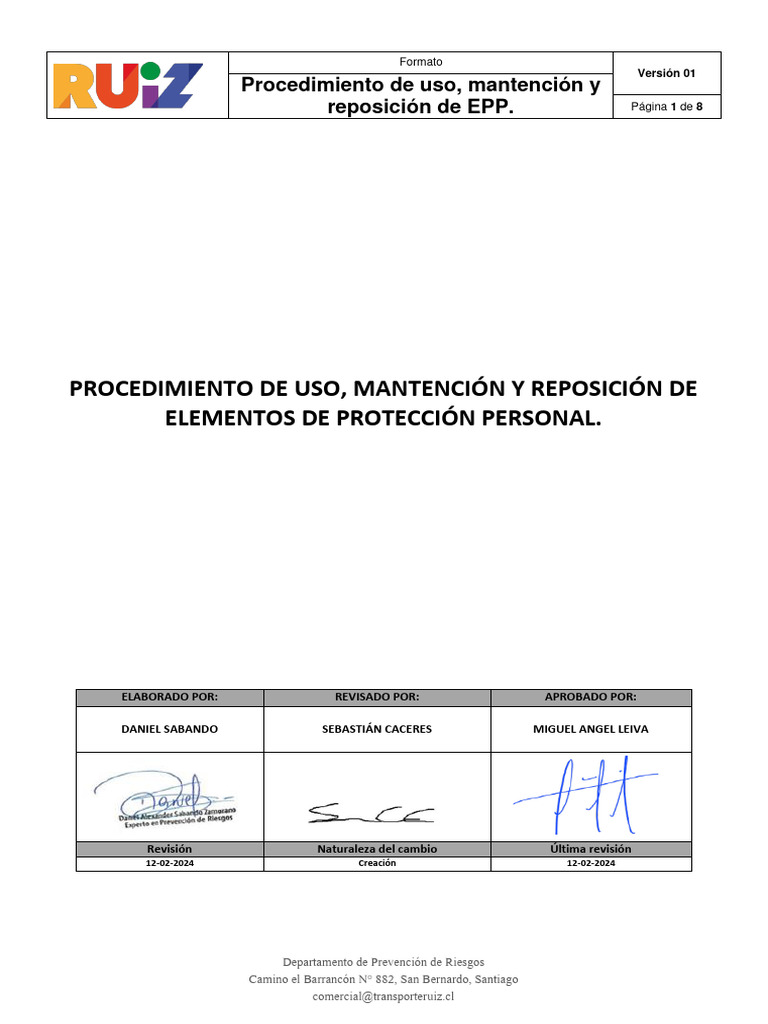 3 - Procedimiento de Uso, Mantención y Reposición de EPP. | PDF