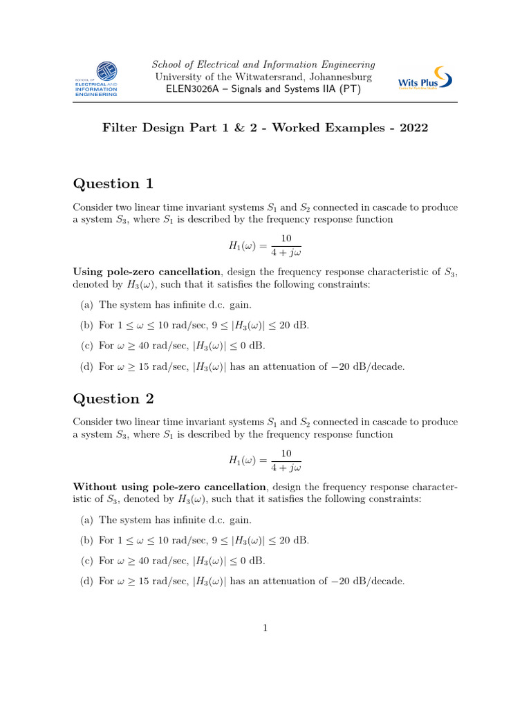 ELEN3026A - Lecture 4 & 5 - Worked Examples - Questions & Solutions | PDF | Filter (Signal ...