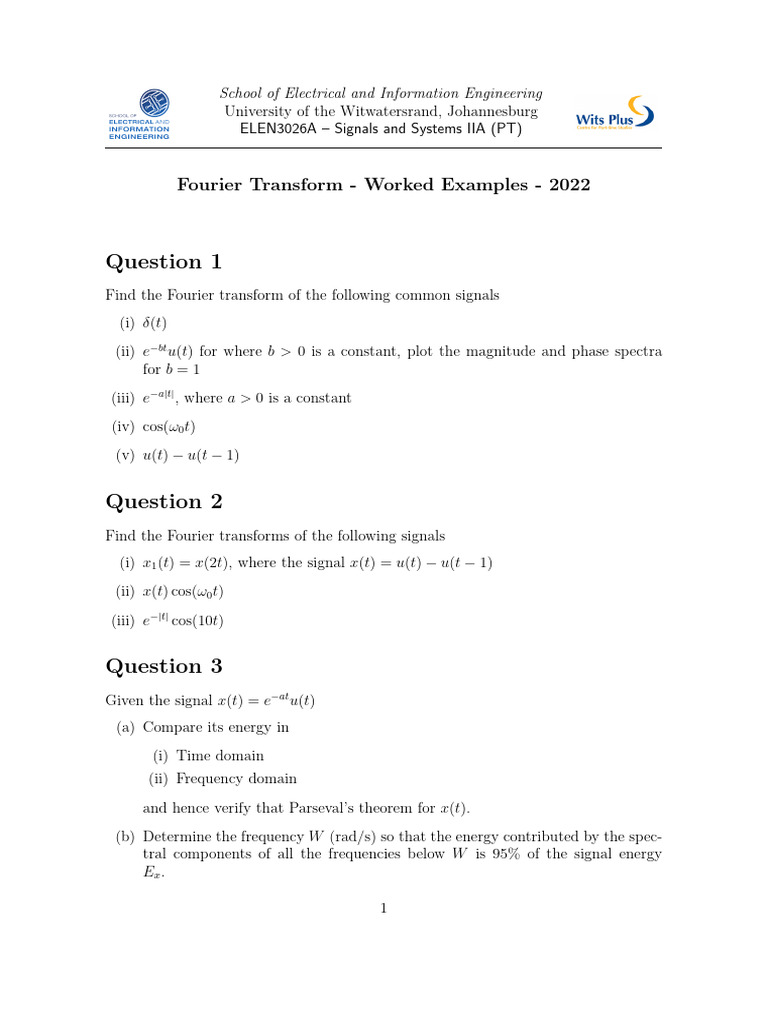 ELEN3026A - Lecture 2 - Worked Examples - Questions & Solutions | PDF