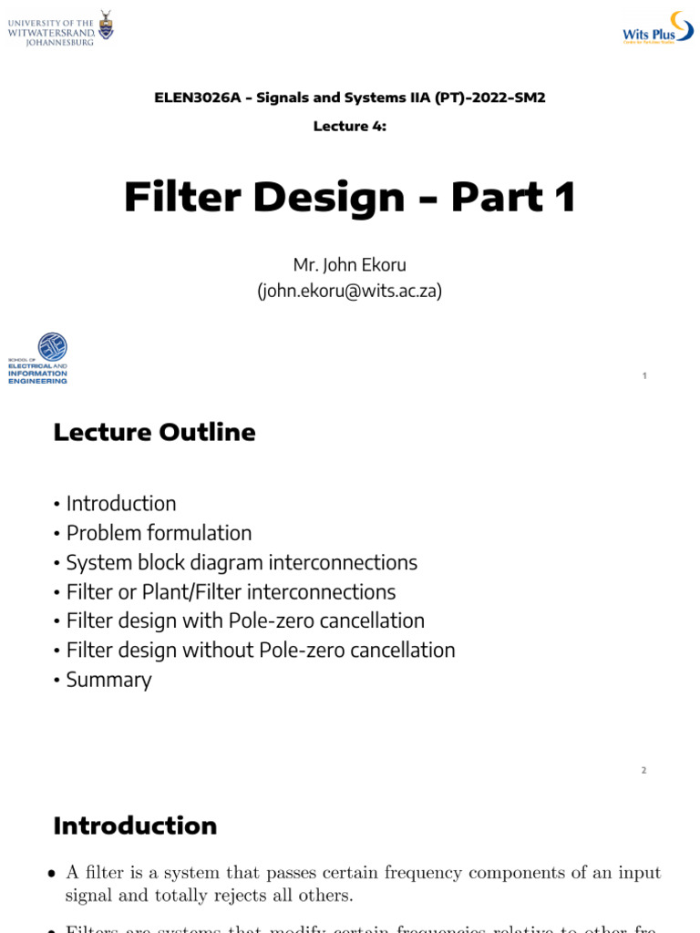 ELEN3026A - Lecture 4 - Filter Design Part 1 - Lecture Slides | PDF