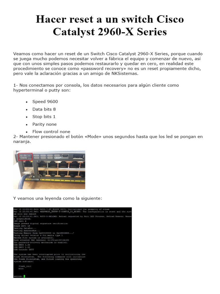 Hacer Reset A Un Switch Cisco Catalyst 2960 | PDF | Informática