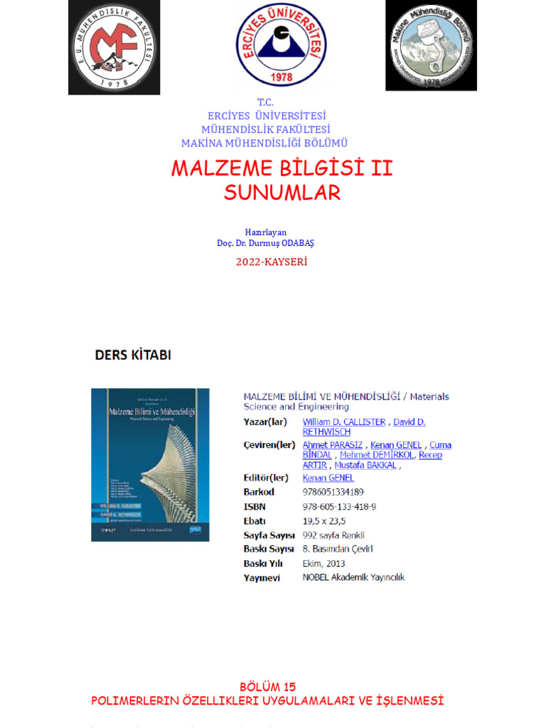 11 MM210 Bölüm 15 Polimerler özellik, uygulamalar ve İşlenmesi | PDF