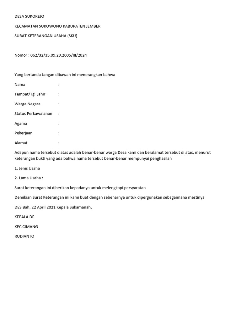 Contoh Sku Desa Sukorejo | PDF