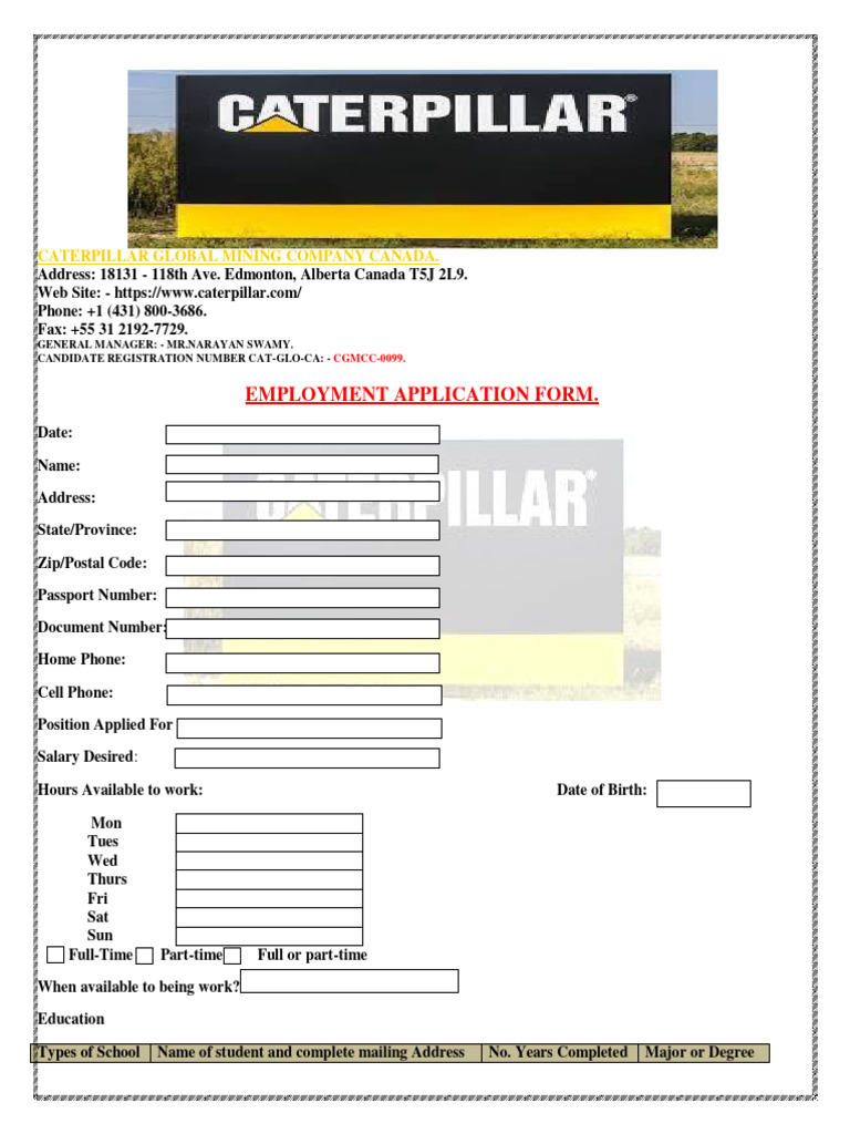 Caterpillar Global Mining Company Canada Employment Application Form ... Caterpillar Global Mining Company Canada Employment Application Form ...
