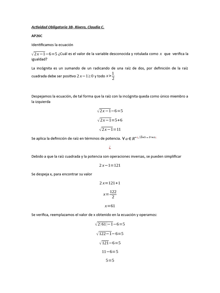 Actividad Obligatoria 3B | PDF | Ecuaciones | Raíz cuadrada