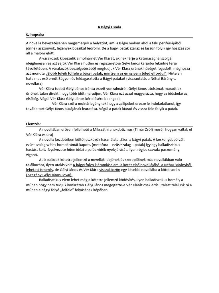A Bágyi Csoda Elemzés | PDF