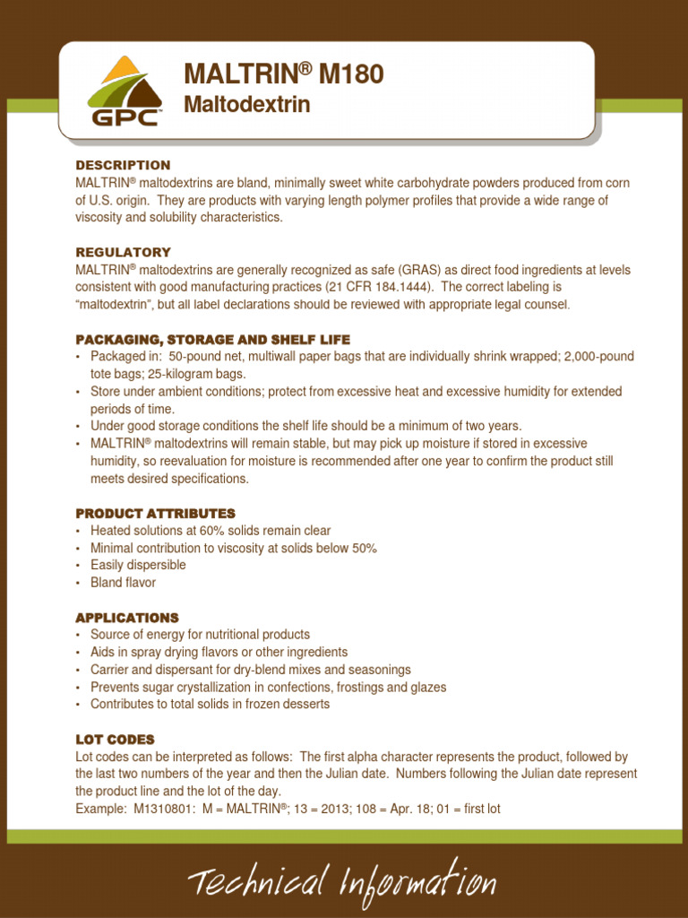 Maltrin - M-180 - (Maltodextrin 18 DE) - PDS | PDF | Nutrition Facts Label | Fat