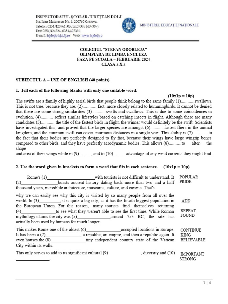 Subiecte Olimpiada LB Engleza - Cls A 10 A - Faza Pe Scoala-1 | PDF