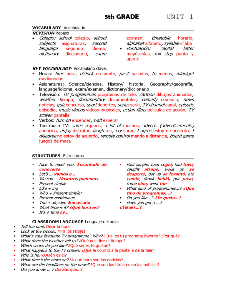 Vocabulario y Estructuras para 5to Grado | PDF