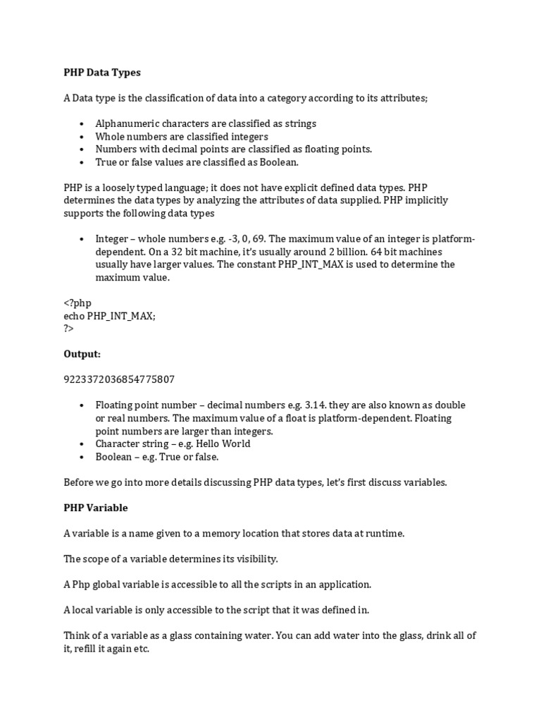 PHP Data Types | PDF | Data Type | Variable (Computer Science) PHP Data Types | PDF | Data Type | Variable (Computer Science)