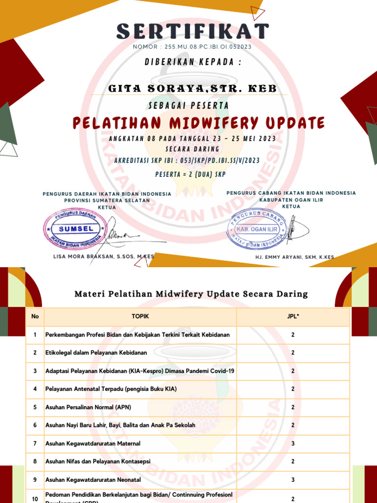 Sertifikat Pelatihan Bidan Gita Soraya | PDF