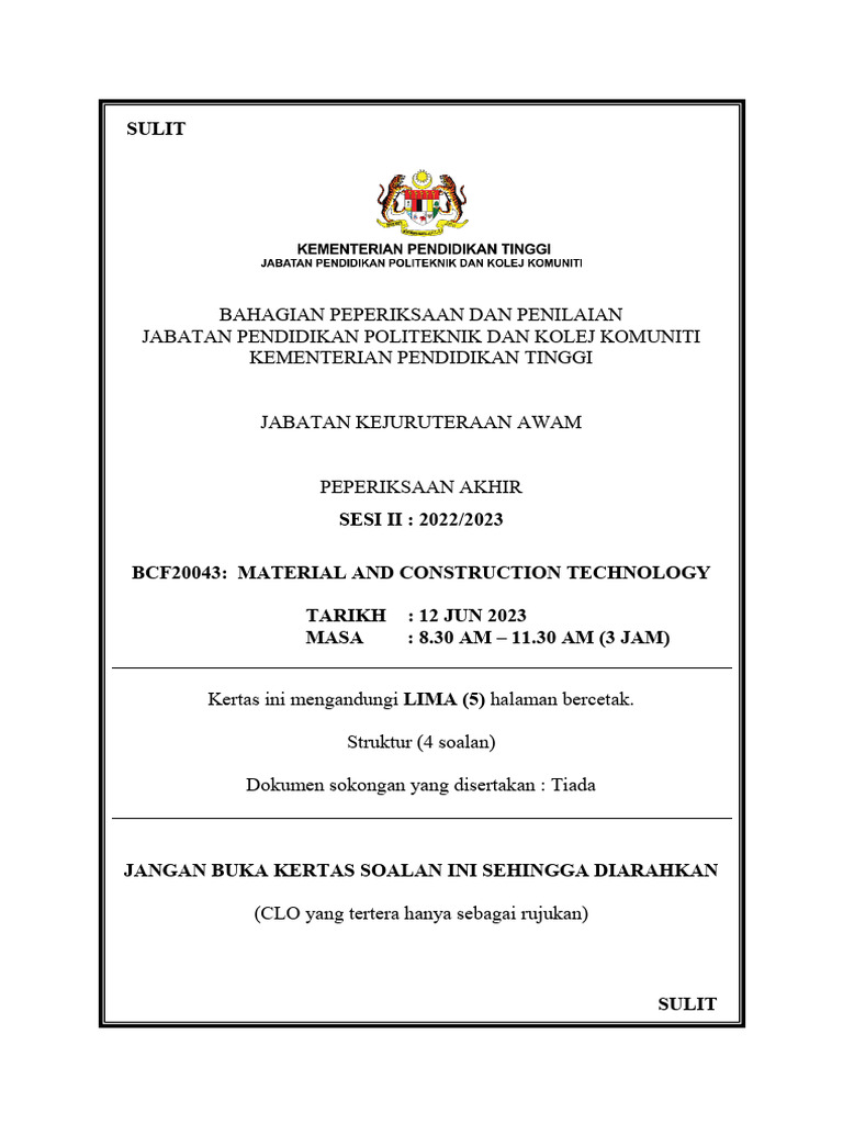 Bcf20043-Material and Construction Technology | PDF