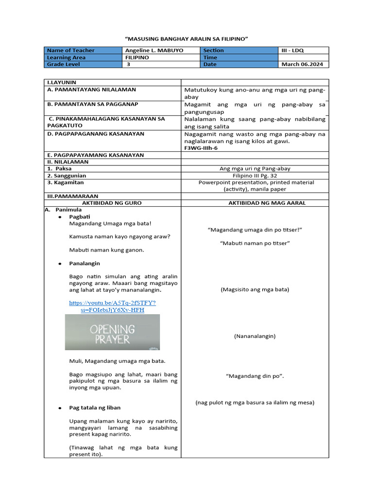 Wastong Gamit NG Pang-Abay (TUESDAY) | PDF