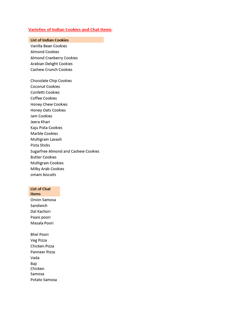 Varieties of Indian Cookies and Chat Items | PDF