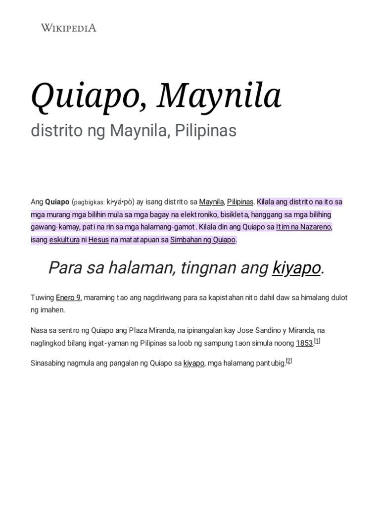 Quiapo, Maynila - Wikipedia, Ang Malayang Ensiklopedya | PDF