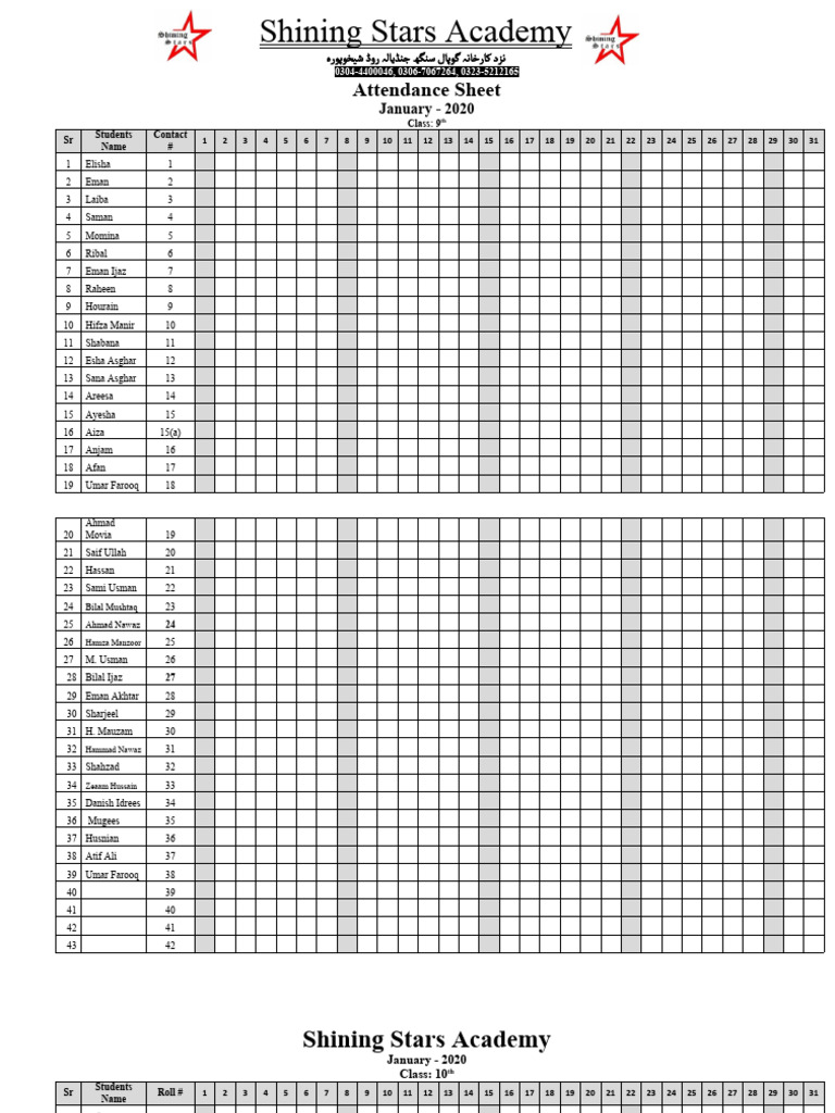 Attandance Sheet. (January 2020) | PDF