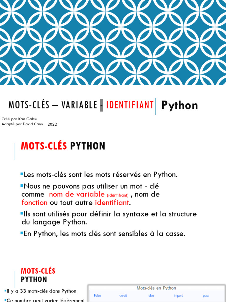 Python: Mots-clés et Identifiants | PDF | Variable (informatique) | Python (Langage de ...