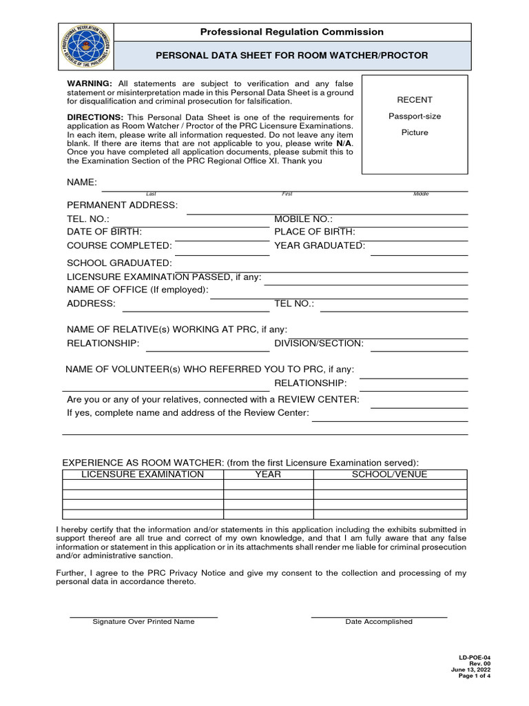 PRC Personal Data Sheet for Room Watchers | PDF | Justice | Crime ...