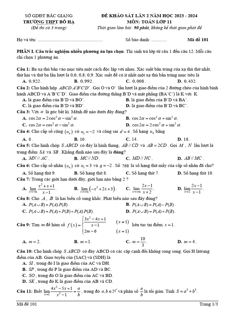 De Khao Sat Lan 2 Toan 11 Nam 2023 2024 Truong THPT Bo Ha Bac Giang | PDF