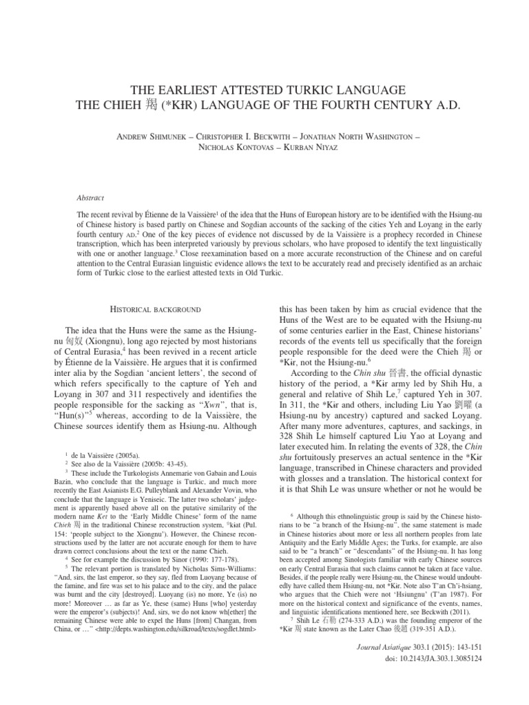 THE EARLIEST ATTESTED TURKIC LANGUAGE THE CHIEH 羯 (KƗR) LANGUAGE OF THE ...