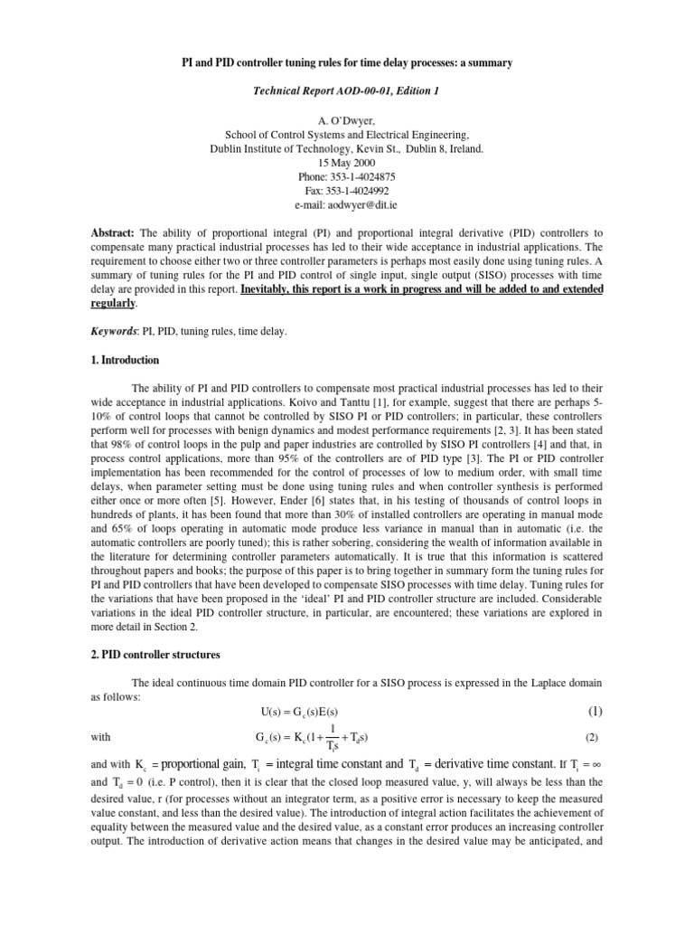 PI and PID Controller Tuning Rules For Time Delay Processes | PDF ... PI and PID Controller Tuning Rules For Time Delay Processes | PDF ...