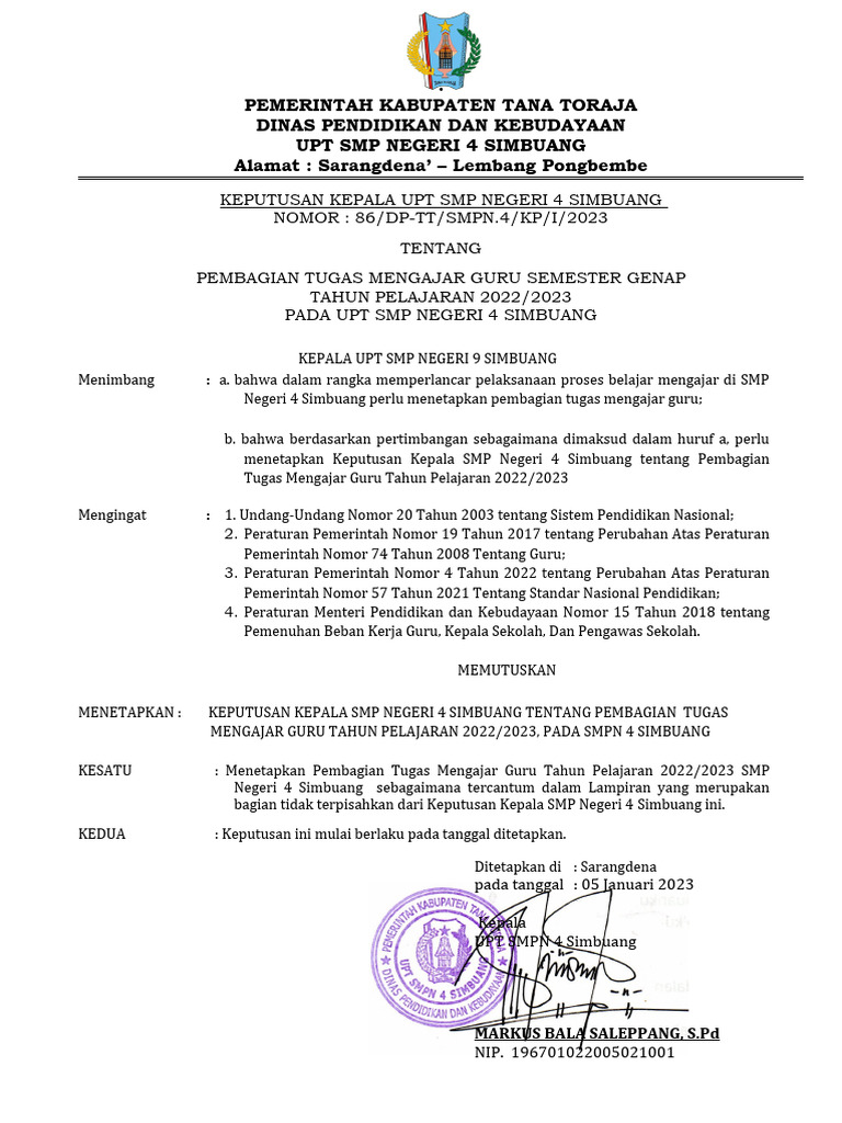 SK Pembagian Tugas Setr Genap 2022-2023 | PDF