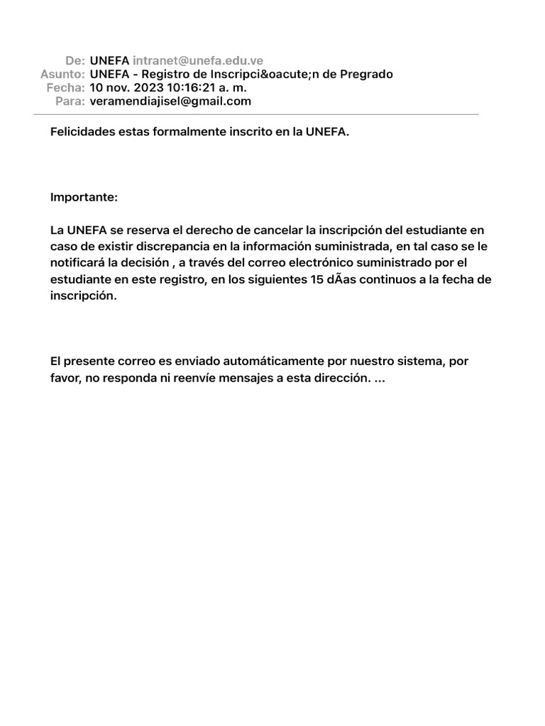 UNEFA - Registro de InscripciÓ N de Pregrado | PDF