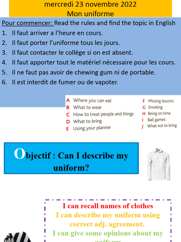 Lesson 2 - Mon Uniforme | PDF | Bleu | Couleur