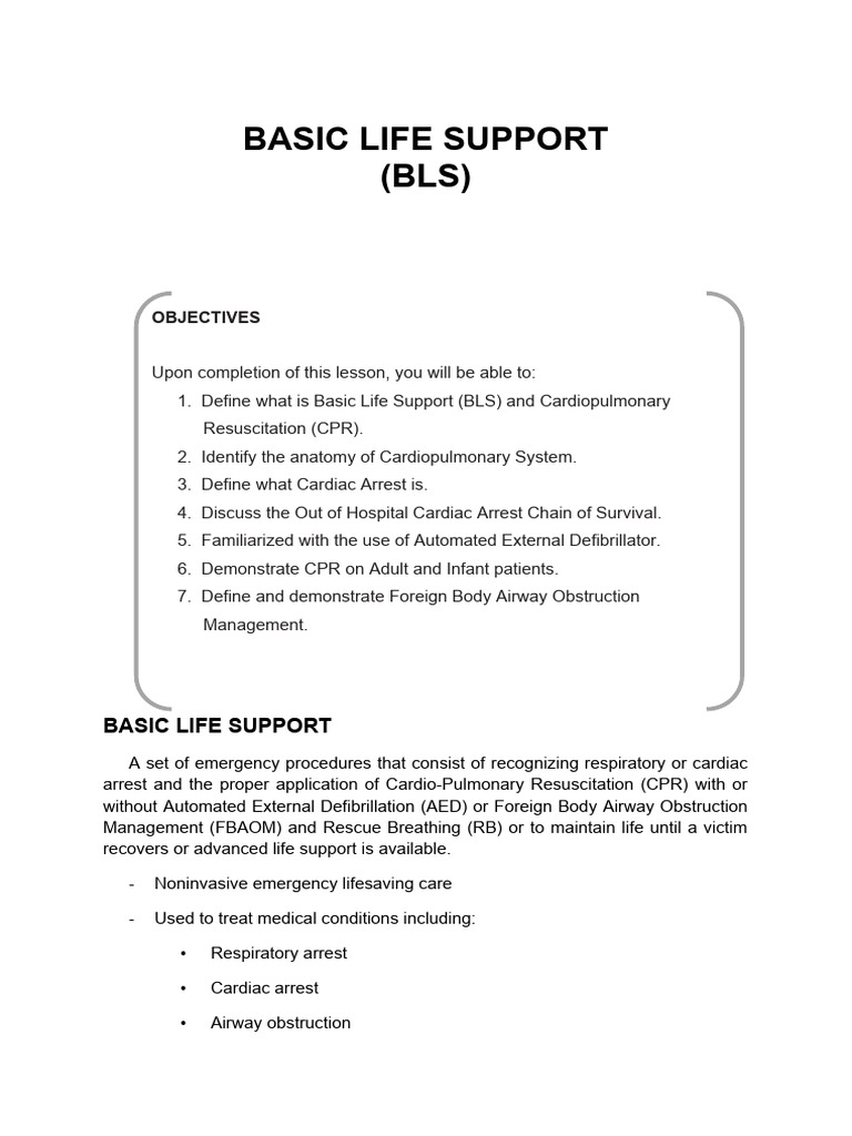 Basic Life Support (BLS) : Objectives | PDF | Cardiopulmonary ...