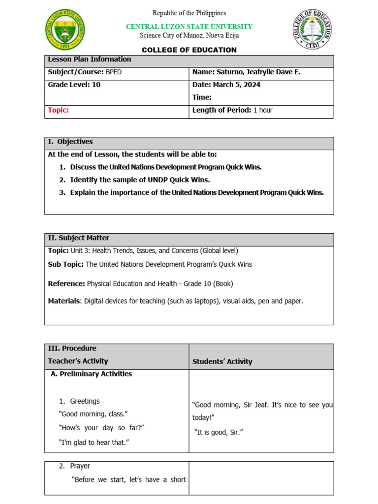 UNDP Lesson Plan | PDF | Physical Fitness | Strength Training