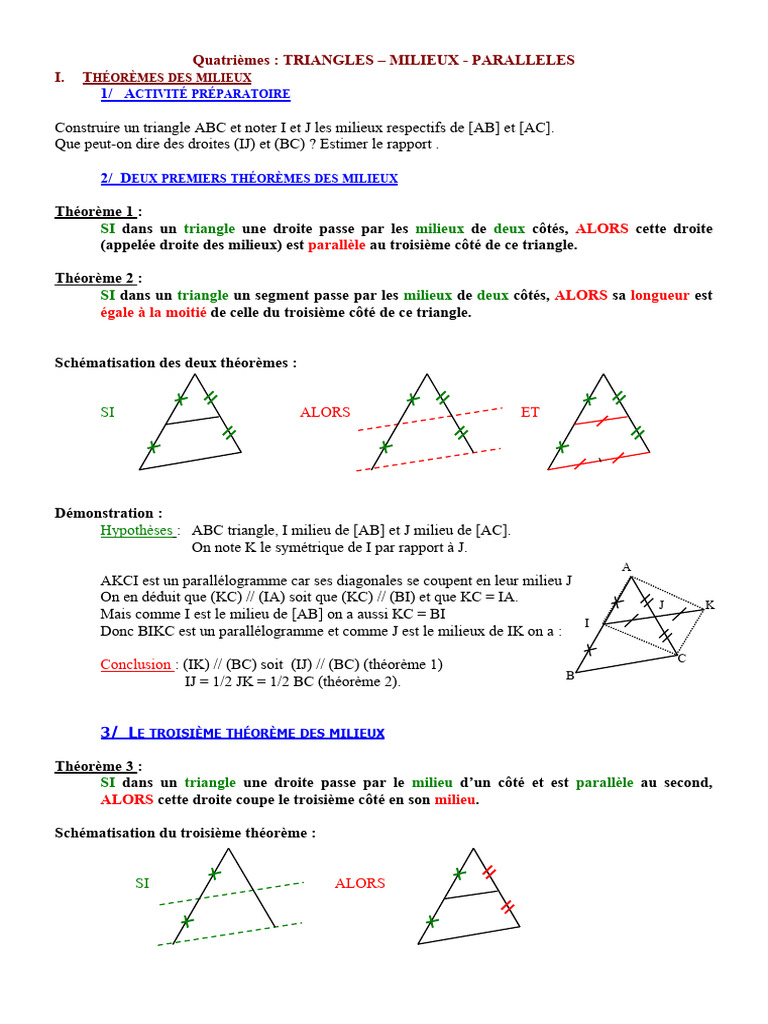 Théorèmes des milieux dans les triangles | PDF | Triangle ...