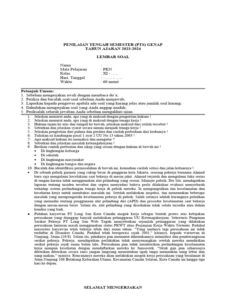 Soal PTS PKN Xi Genap 2024 | PDF