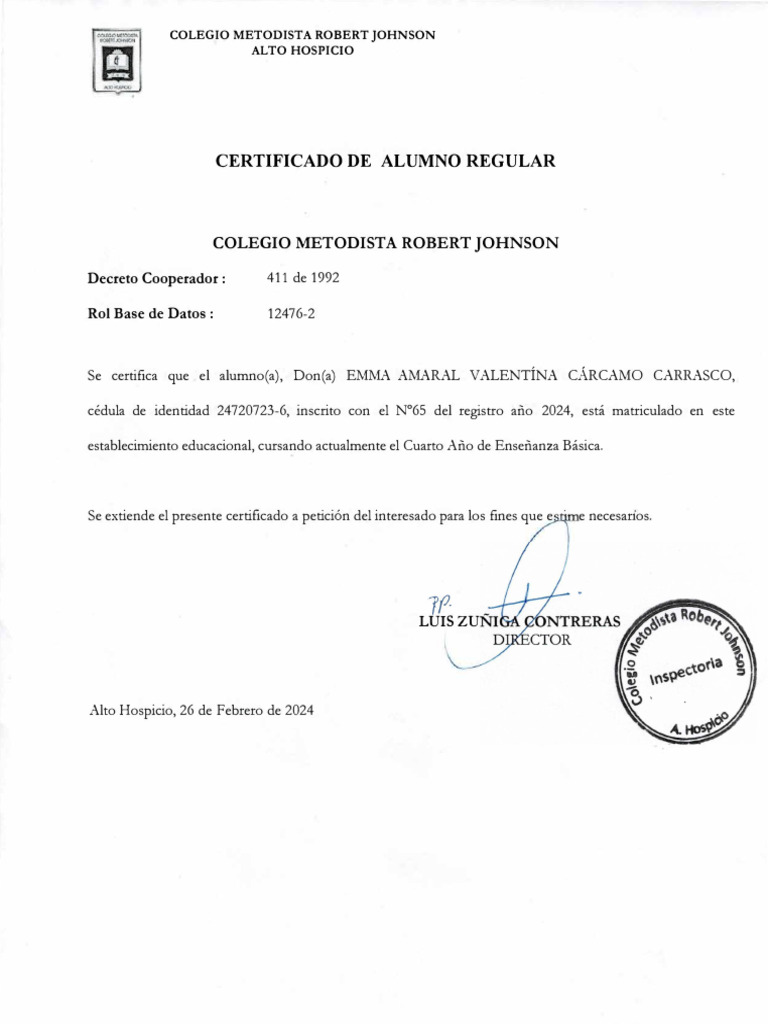 Certificado - Alumno - Regular - Emma Amaral Valentina - Cárcamo ...
