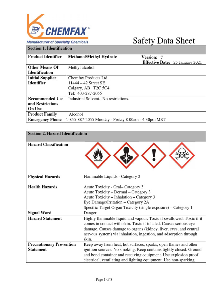 Methanol Methyl Hydrate SDS Version 7 2021 | PDF