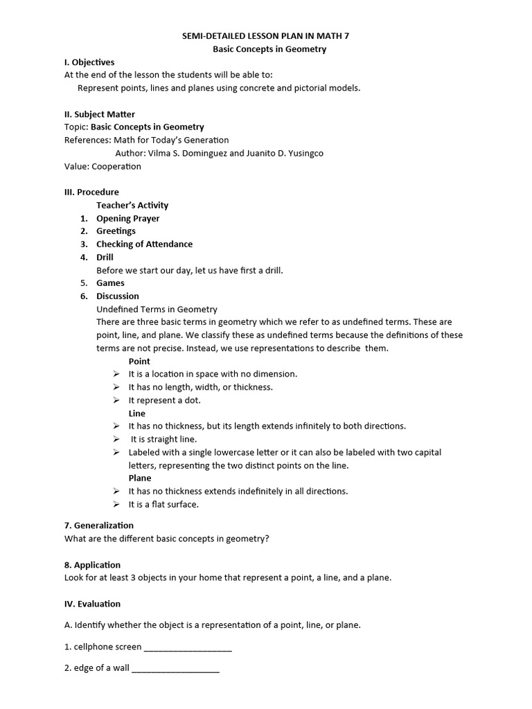 semi-detailed lesson plan in math 7 | PDF | Geometry | Mathematics