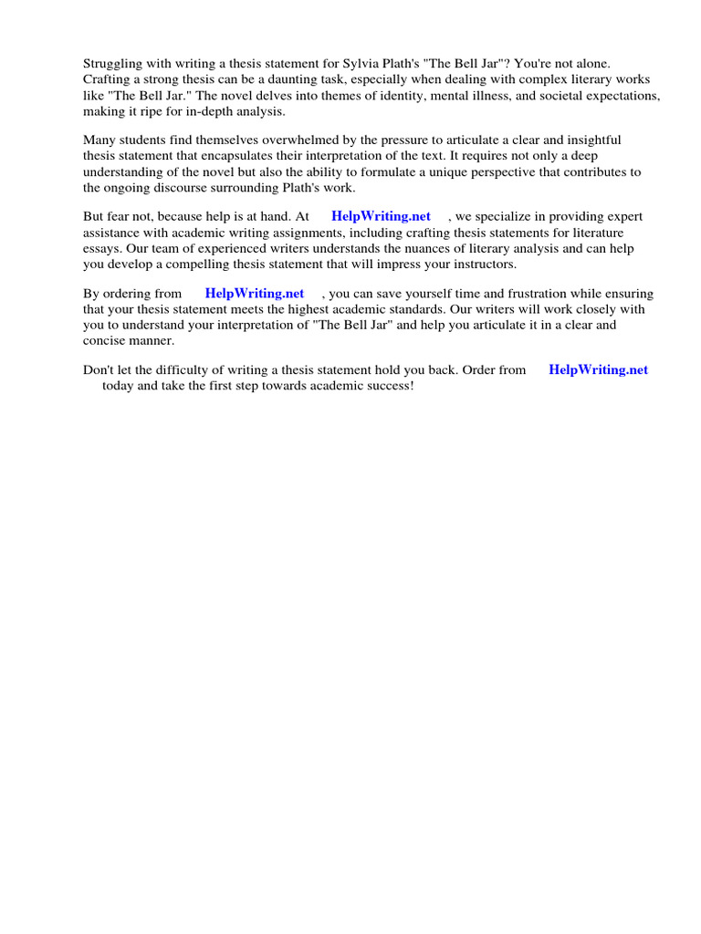 Thesis Statements For The Bell Jar by Sylvia Plath | PDF | Sylvia Plath