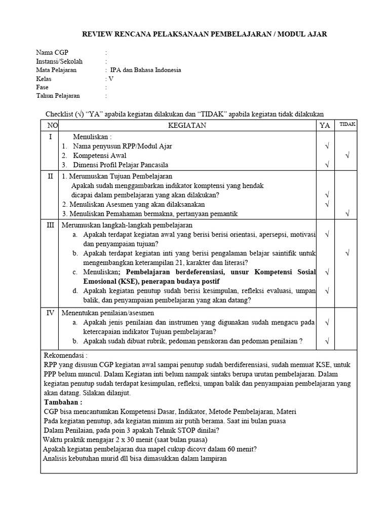 Review RPP - Modul Ajar CGP Berdiferensiasi, KSE | PDF